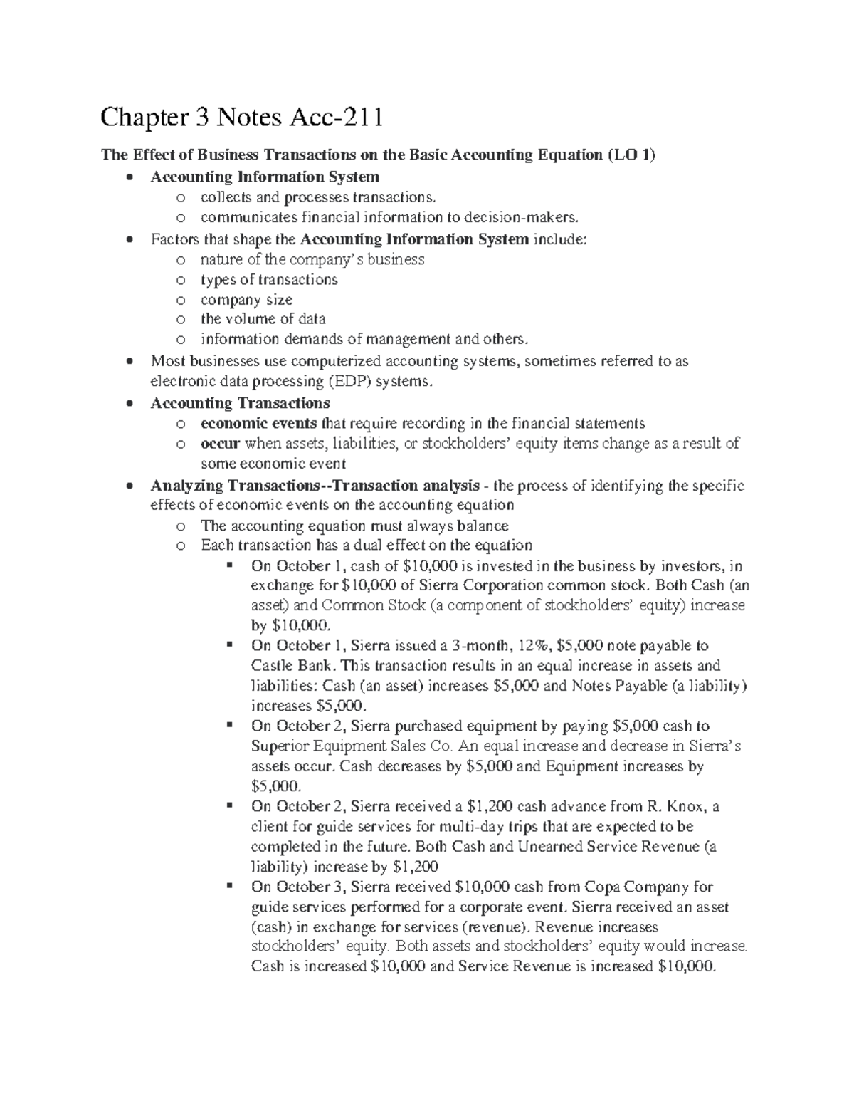 Chapter 3 ACC-211 Notes - Chapter 3 Notes Acc- The Effect of Business ...