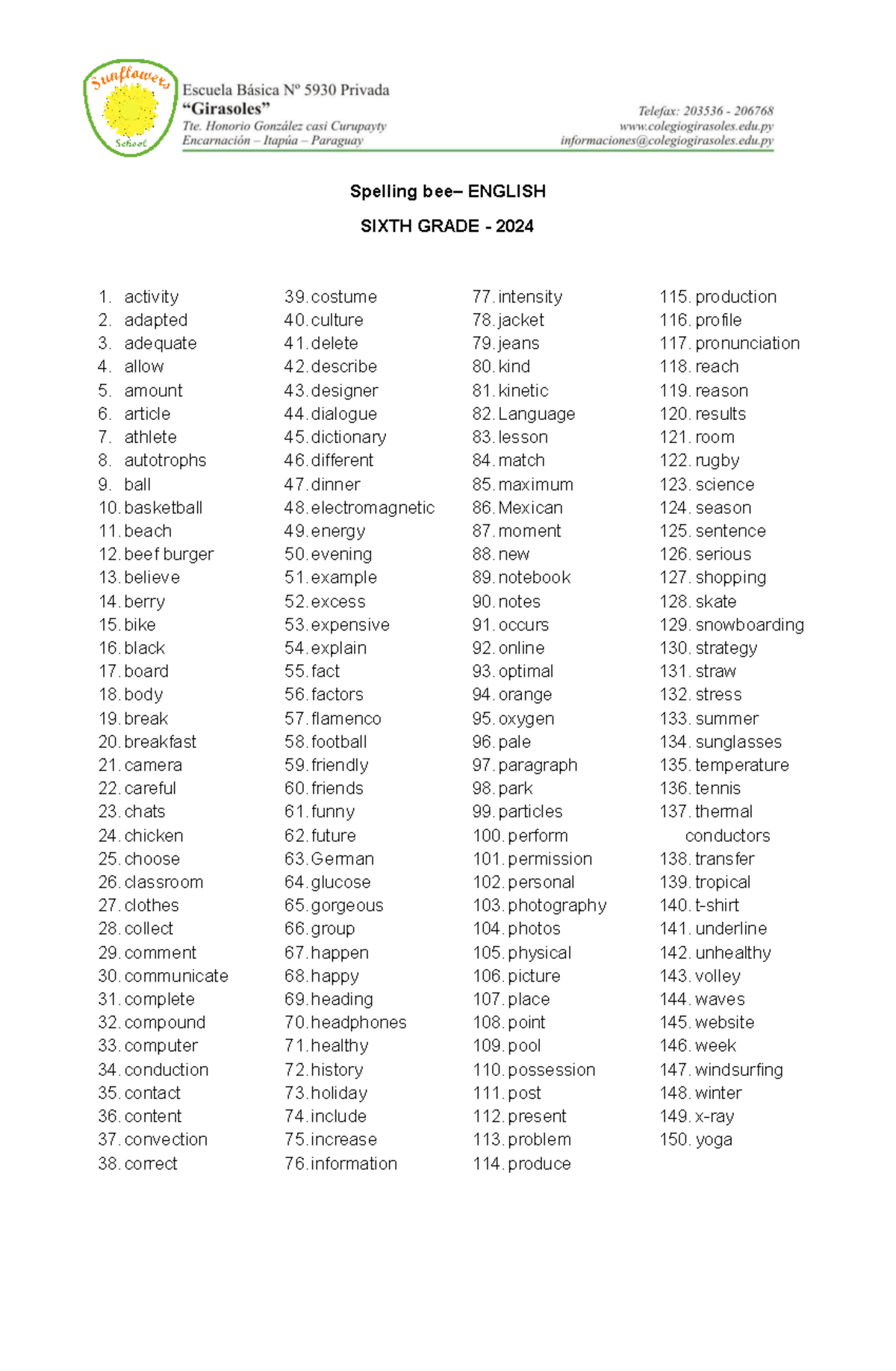 6TH Grade - Spelling bee - Ingles - Spelling bee– ENGLISH SIXTH GRADE ...