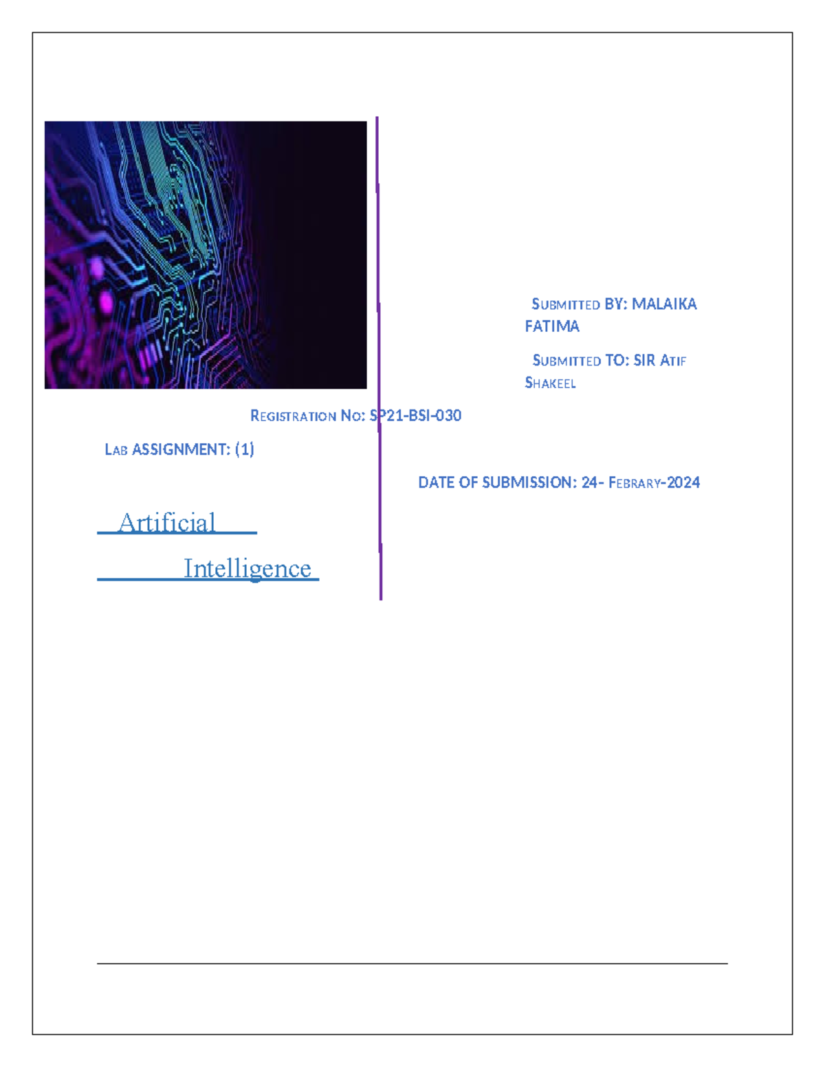 AI Lab Task 2 - Artificial Intelligence - SUBMITTED BY: MALAIKA FATIMA SUBMITTED TO: SIR ATIF ...
