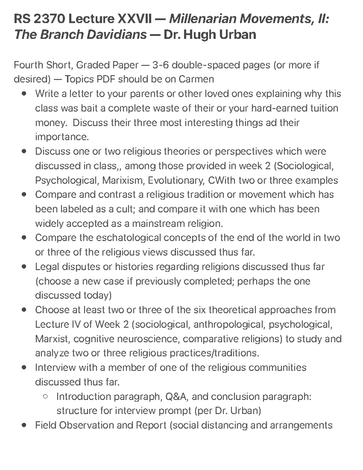 RS 2370 Lecture XXVII — Millenarian Movements, II The Branch Davidians ...