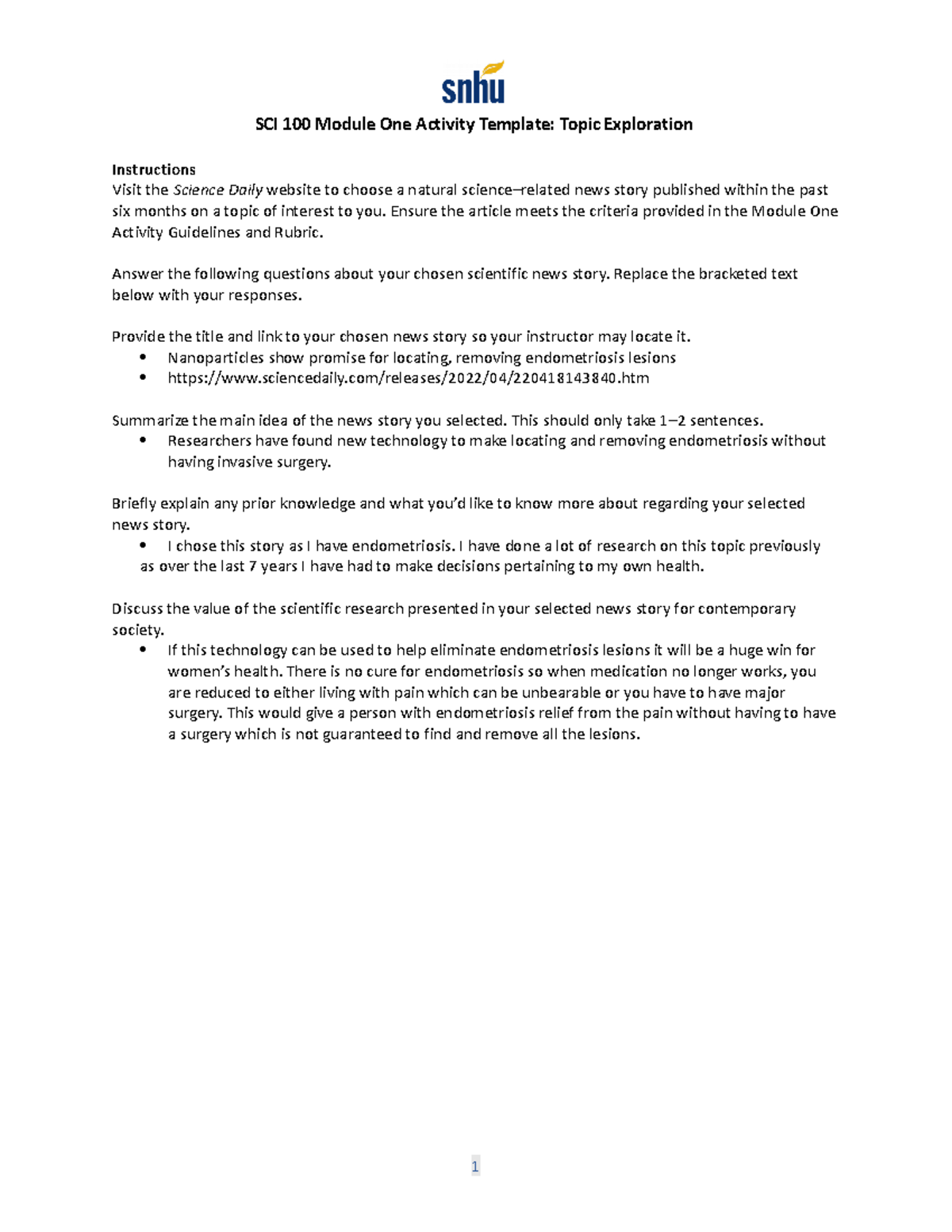 SCI 100 Module One Activity Template 6 - SCI100 - SNHU - Studocu