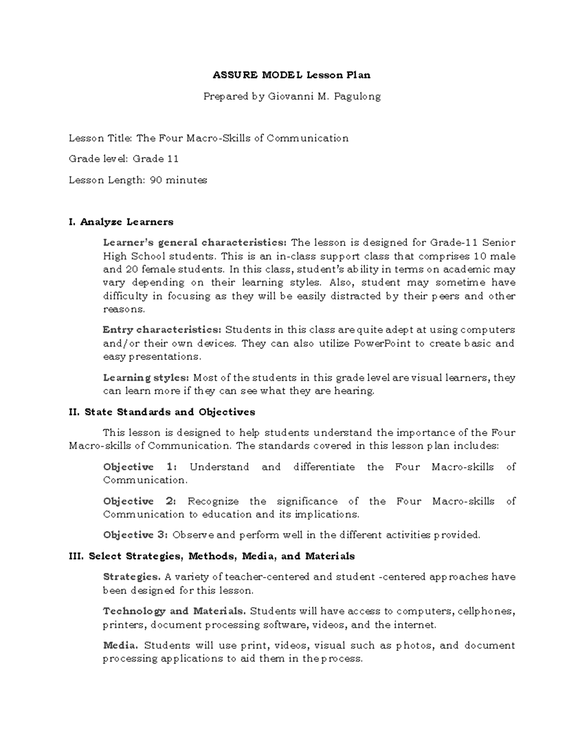 Assure- Model- Pagulong - ASSURE MODEL Lesson Plan Prepared by Giovanni ...