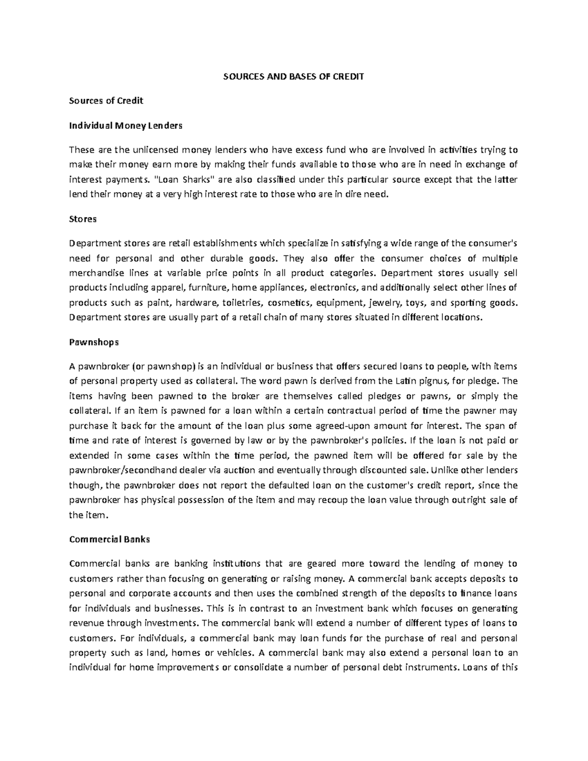 Sources AND Bases OF Credit - SOURCES AND BASES OF CREDIT Sources of ...