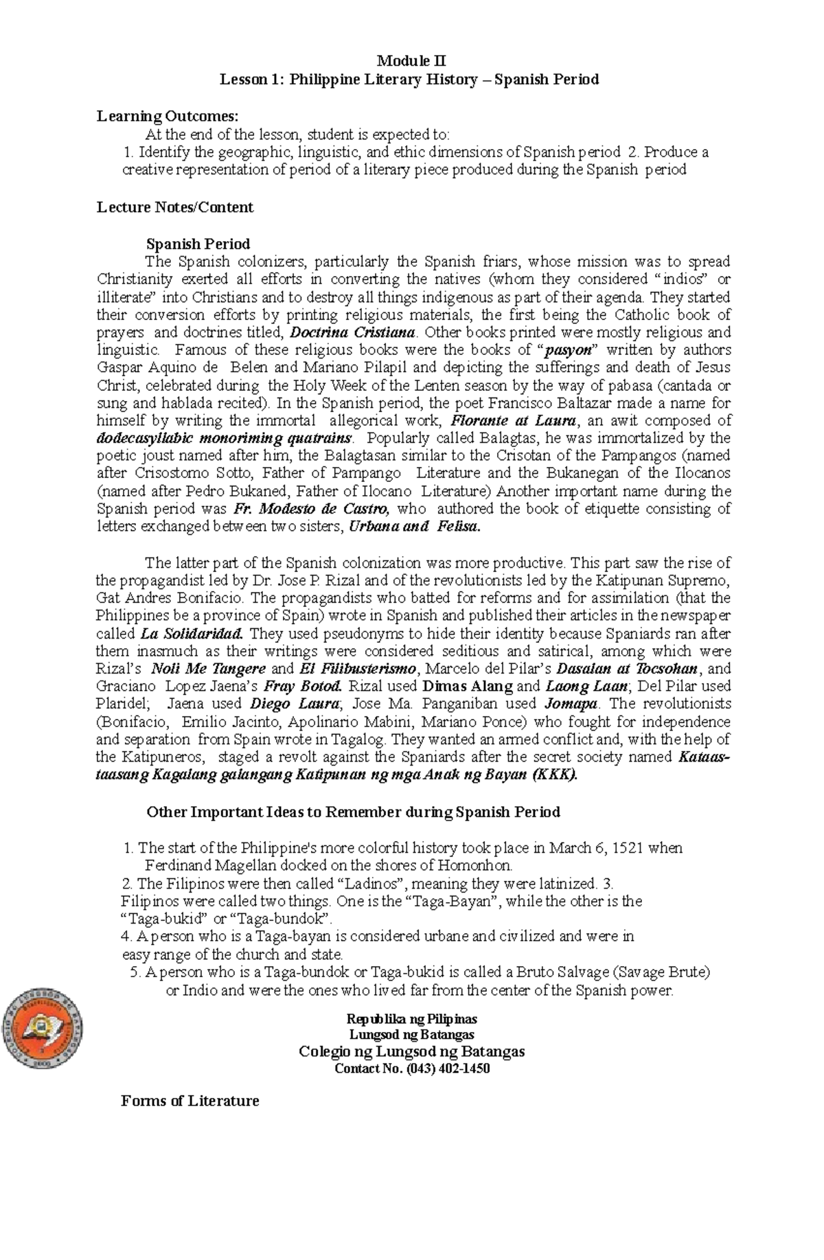 Module 2- Spanish Period - Module II Lesson 1: Philippine Literary ...
