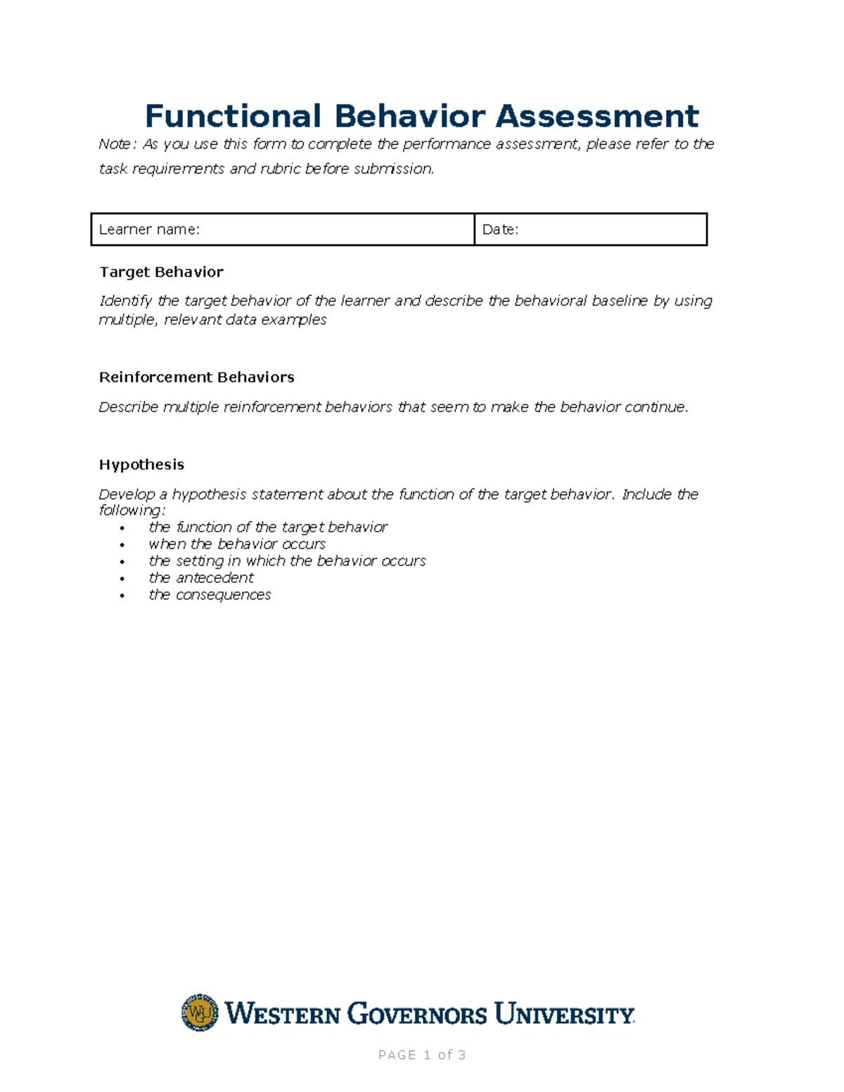 FBA BIP Form - behavior plan blank for task 1 - Functional Behavior ...