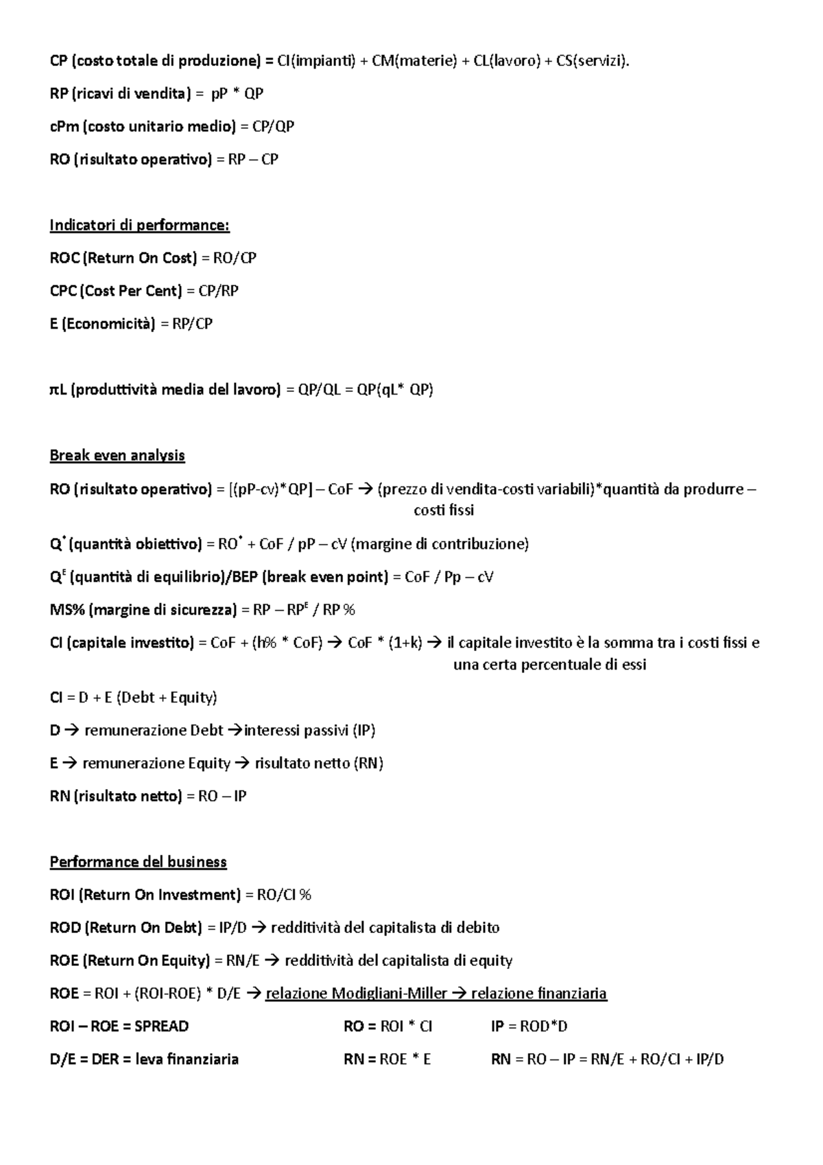 Formule Economia Aziendale - CP (costo totale di produzione) = CI ...