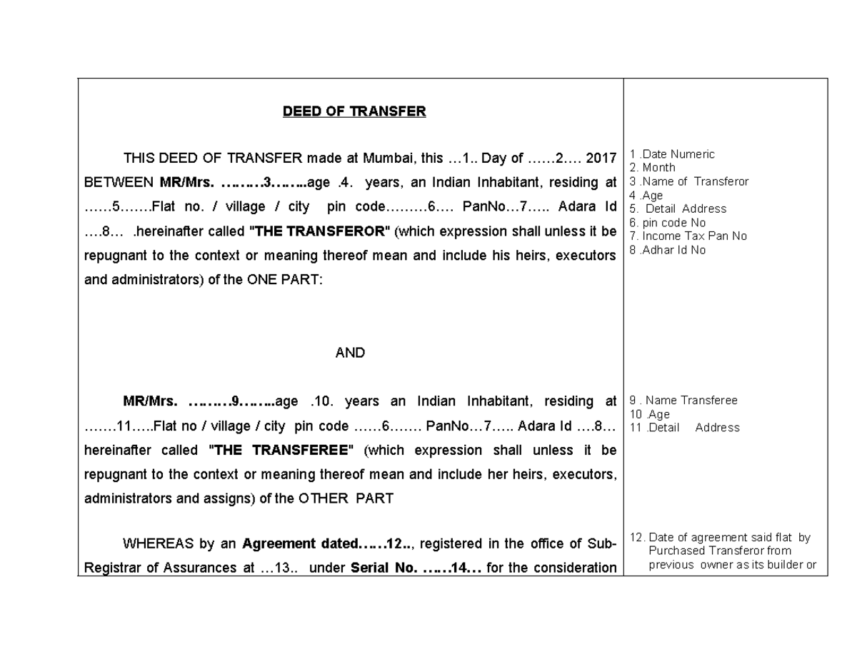 DEED OF Transfe 1 - DESK - DEED OF TRANSFER THIS DEED OF TRANSFER made ...