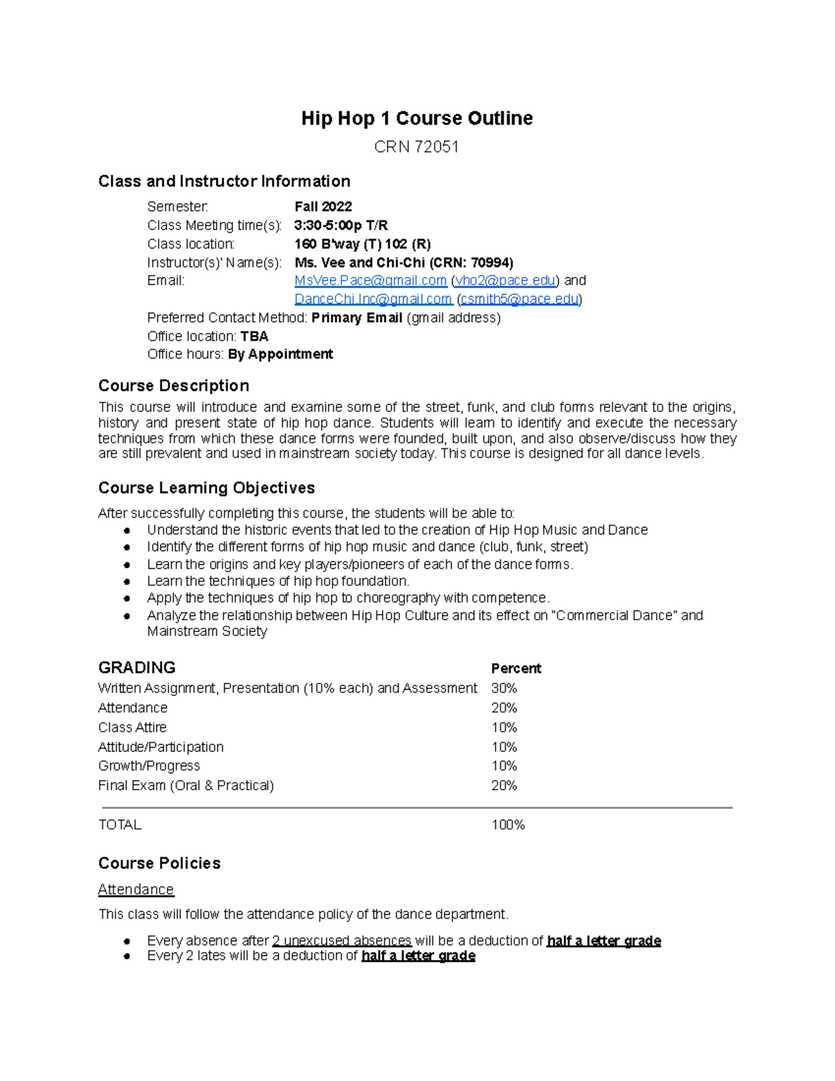 Hip Hop 1 Course Outline - Hip Hop 1 Course Outline CRN 72051 Class and ...