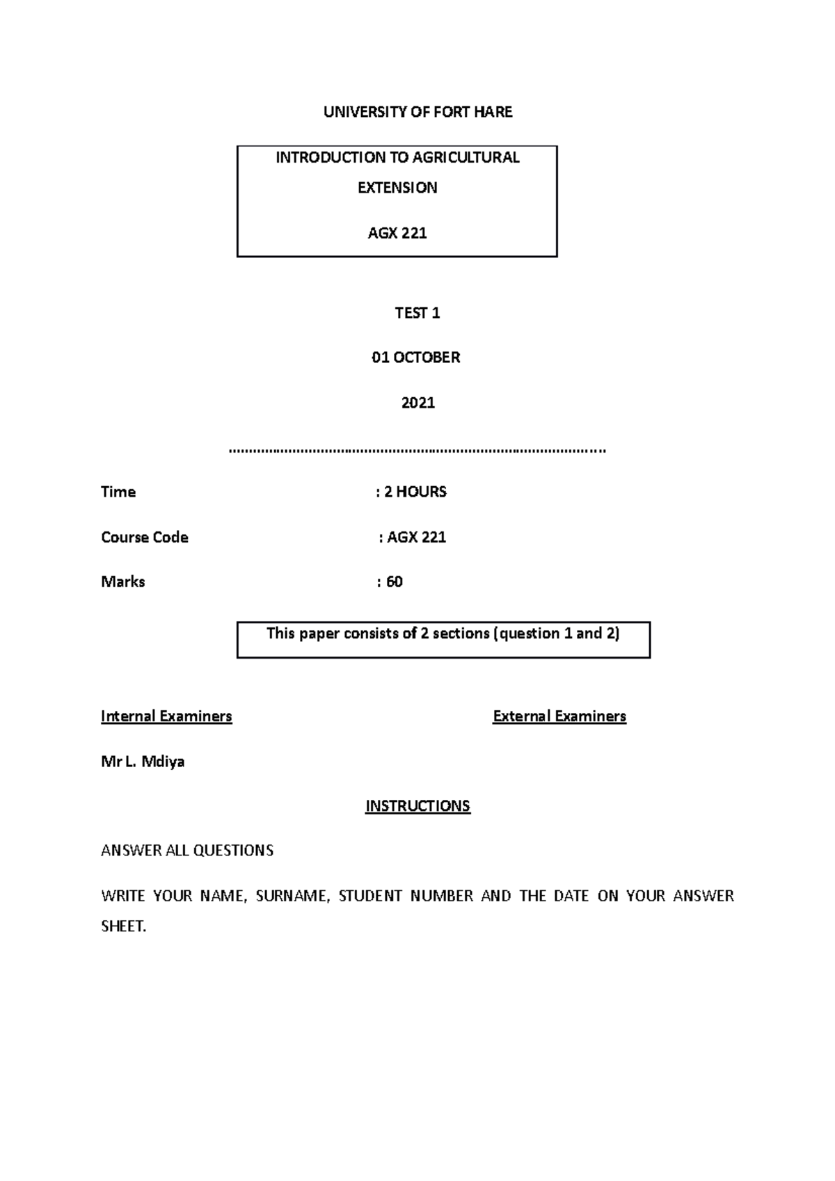 AGX 221 TEST 1 (2021) - UNIVERSITY OF FORT HARE INTRODUCTION TO ...