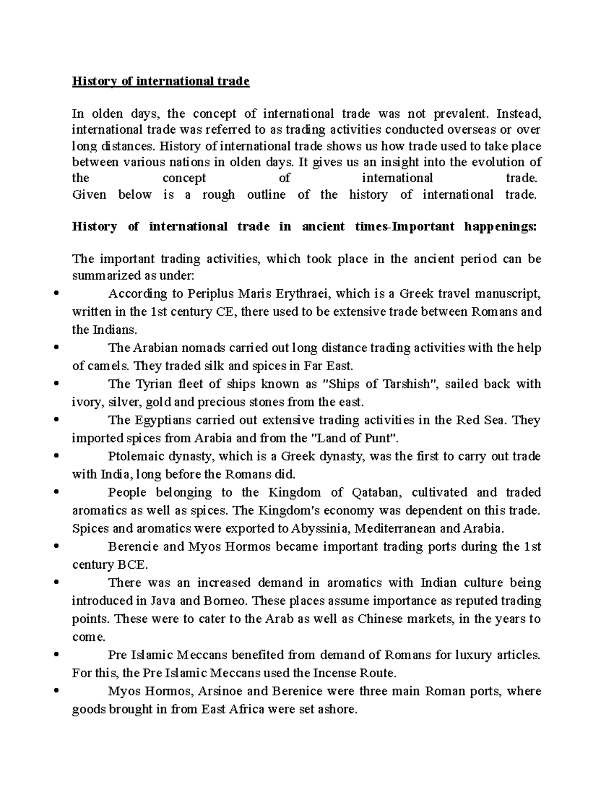 History-INL trade - History of international trade In olden days, the ...