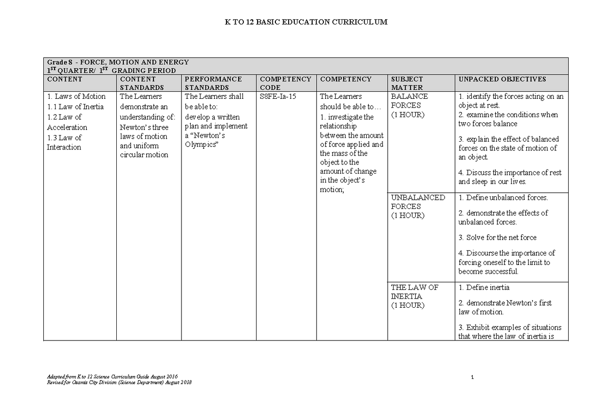 1. Physics 8 - Unpacked Objectives - 1 Grade 8 - FORCE, MOTION AND ...
