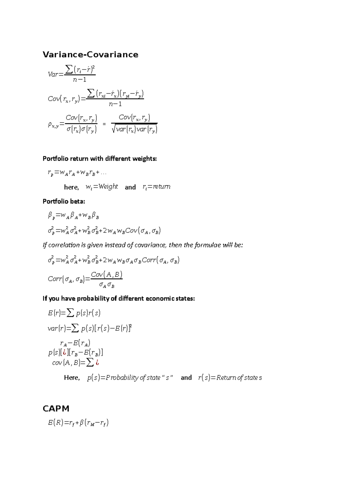 Formulae - Formula Sheet - Variance-Covariance Var= ∑(ri− ́r) 2 n− 1 ...