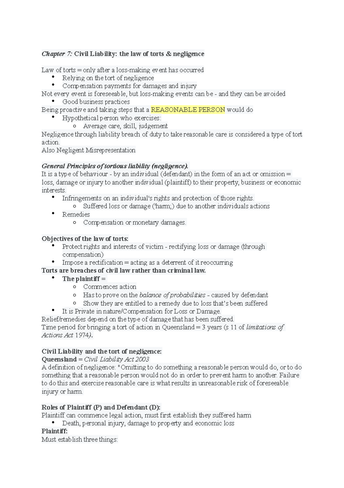 Chapter 7 - Chapter 7: Civil Liability: the law of torts & negligence ...