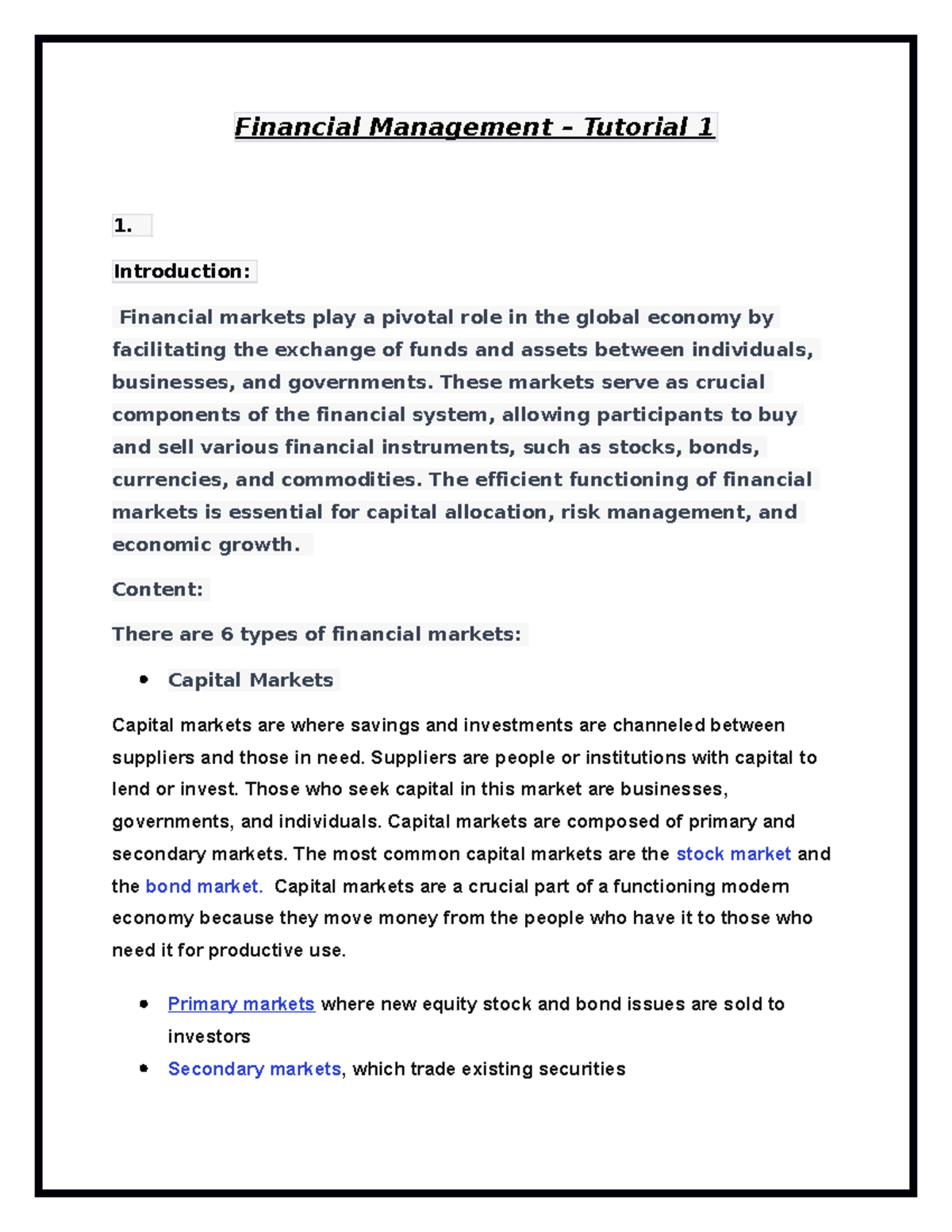 Financial Management tutorial 1 - Financial Management – Tutorial 1 1 ...