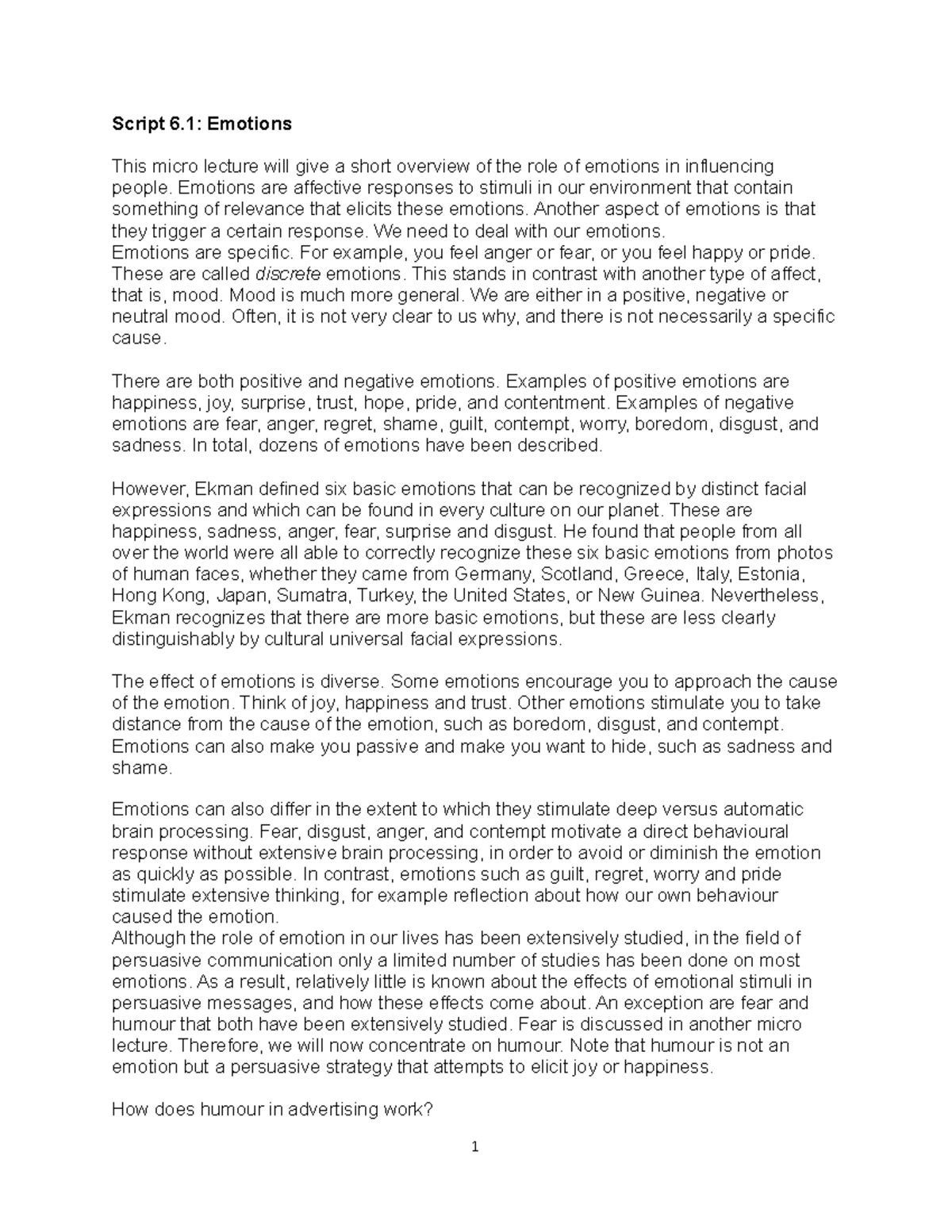 Script 6.1 Persuasive Communication Emotions - Script 6: Emotions This ...