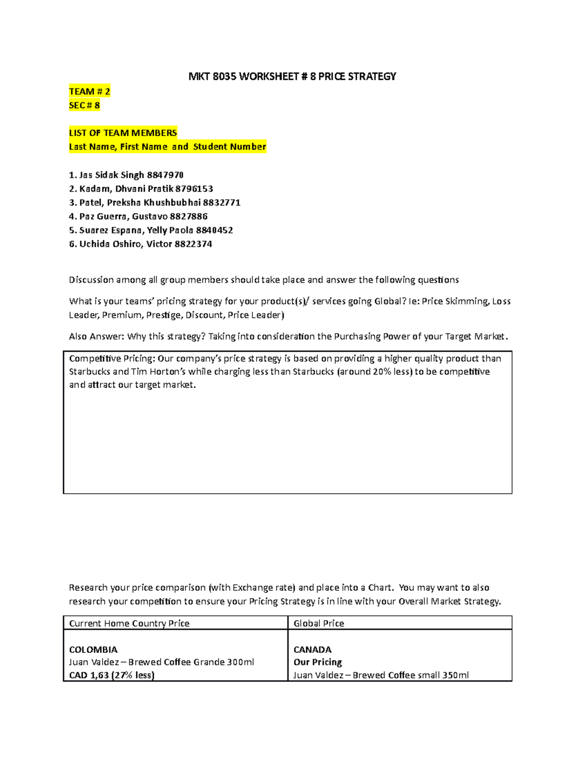 Worksheet #8 - Pricing Strategy + Definitions Final - MKT 8035 ...