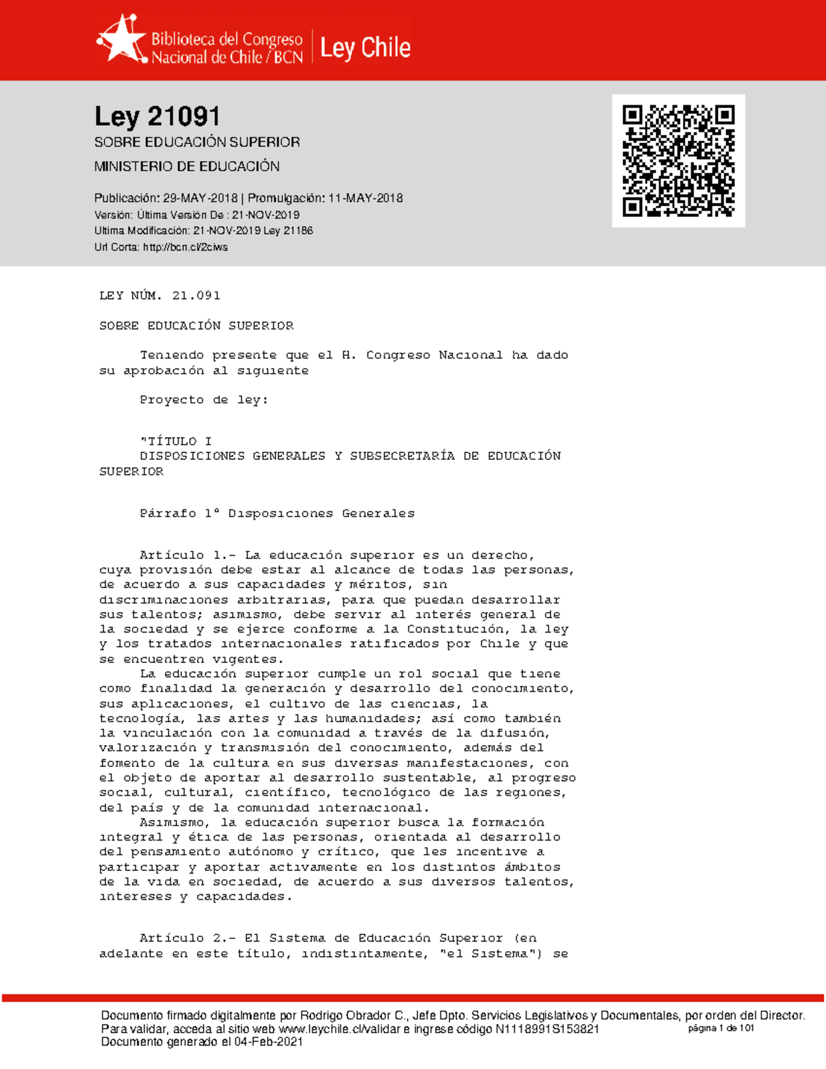 LEY-21091 29-MAY-2018 - Documento firmado digitalmente por Rodrigo ...