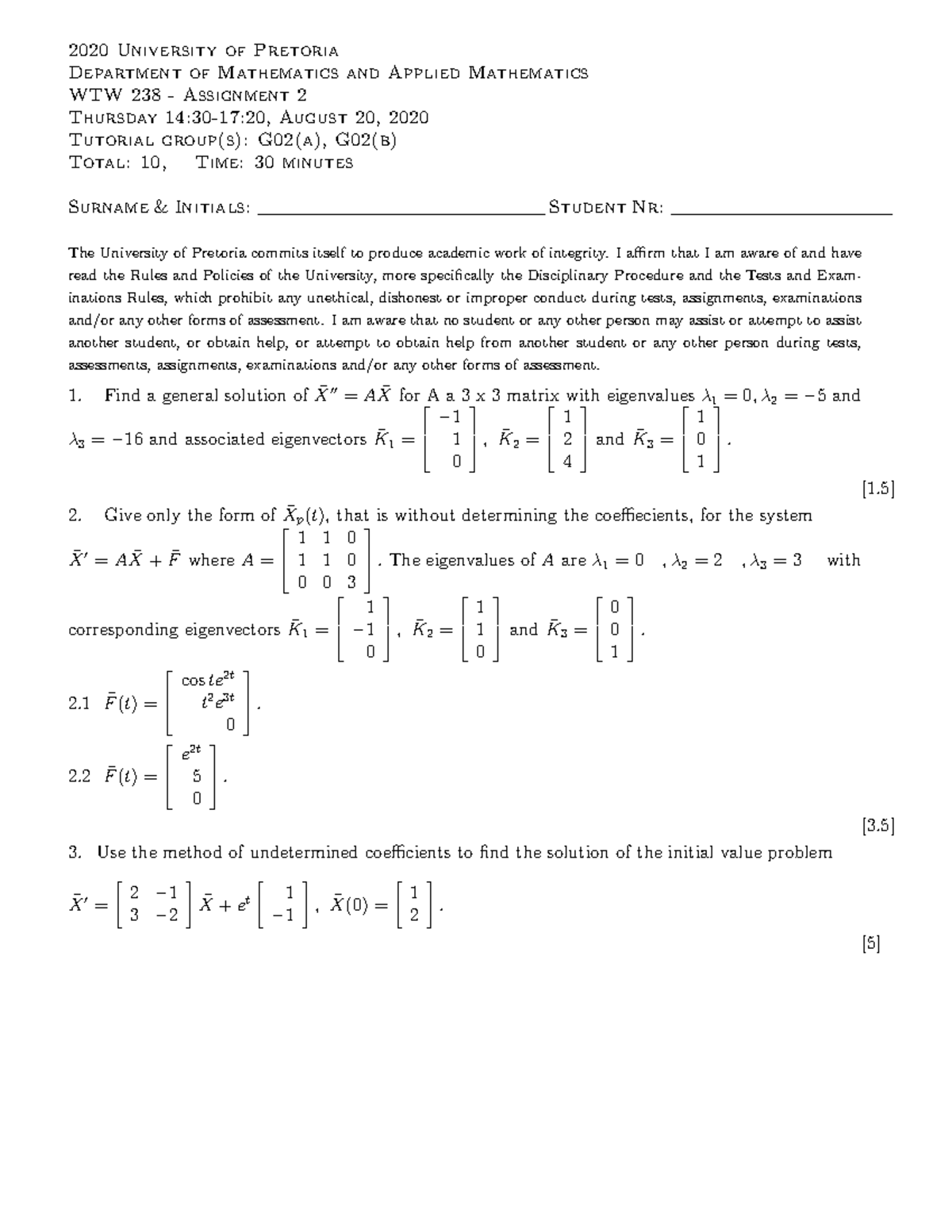 Assignment 2 G2a 2b A 2020 - 2020 University of Pretoria Department of ...