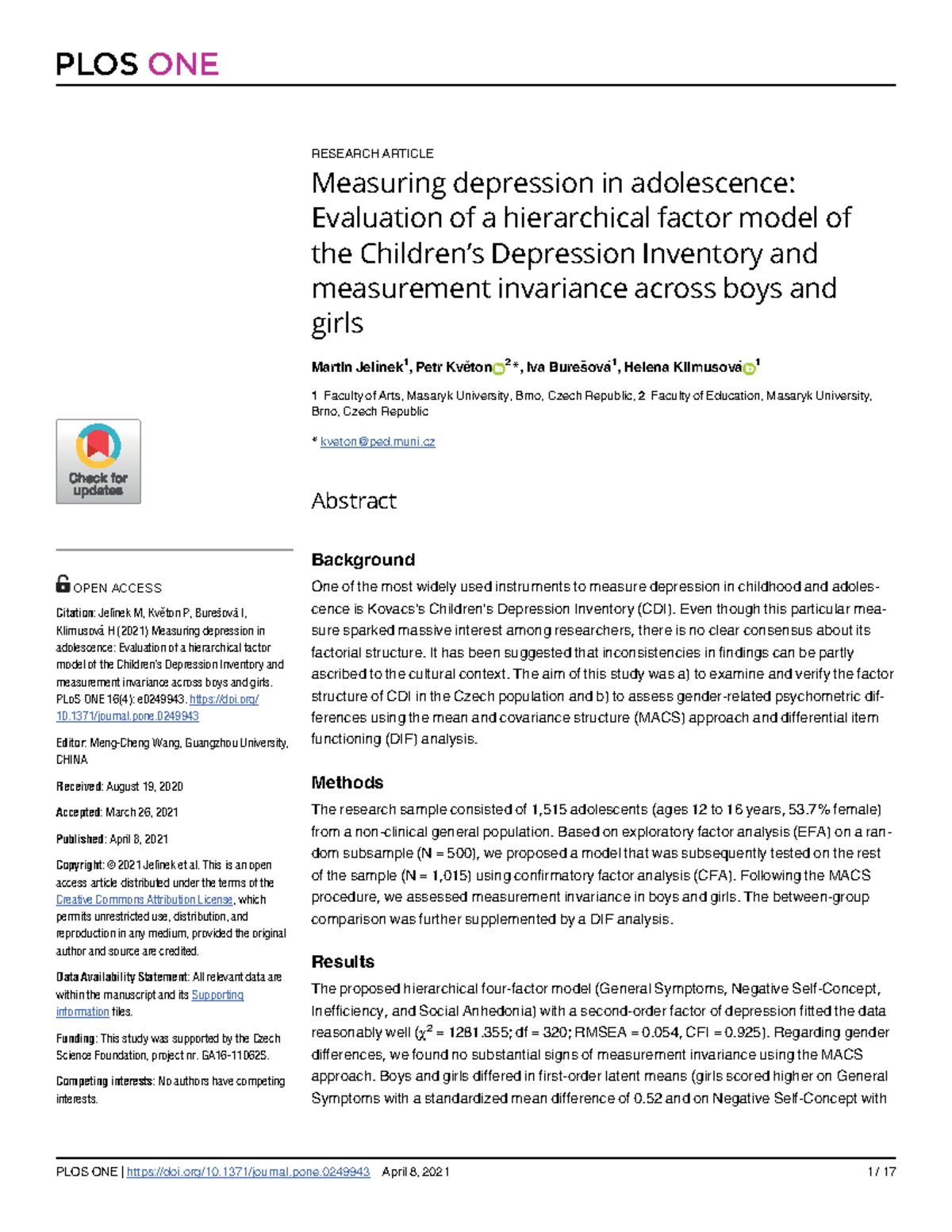 Week1 article 2 - ####### RESEARCH ARTICLE Measuring depression in adolescence: Evaluation of a ...