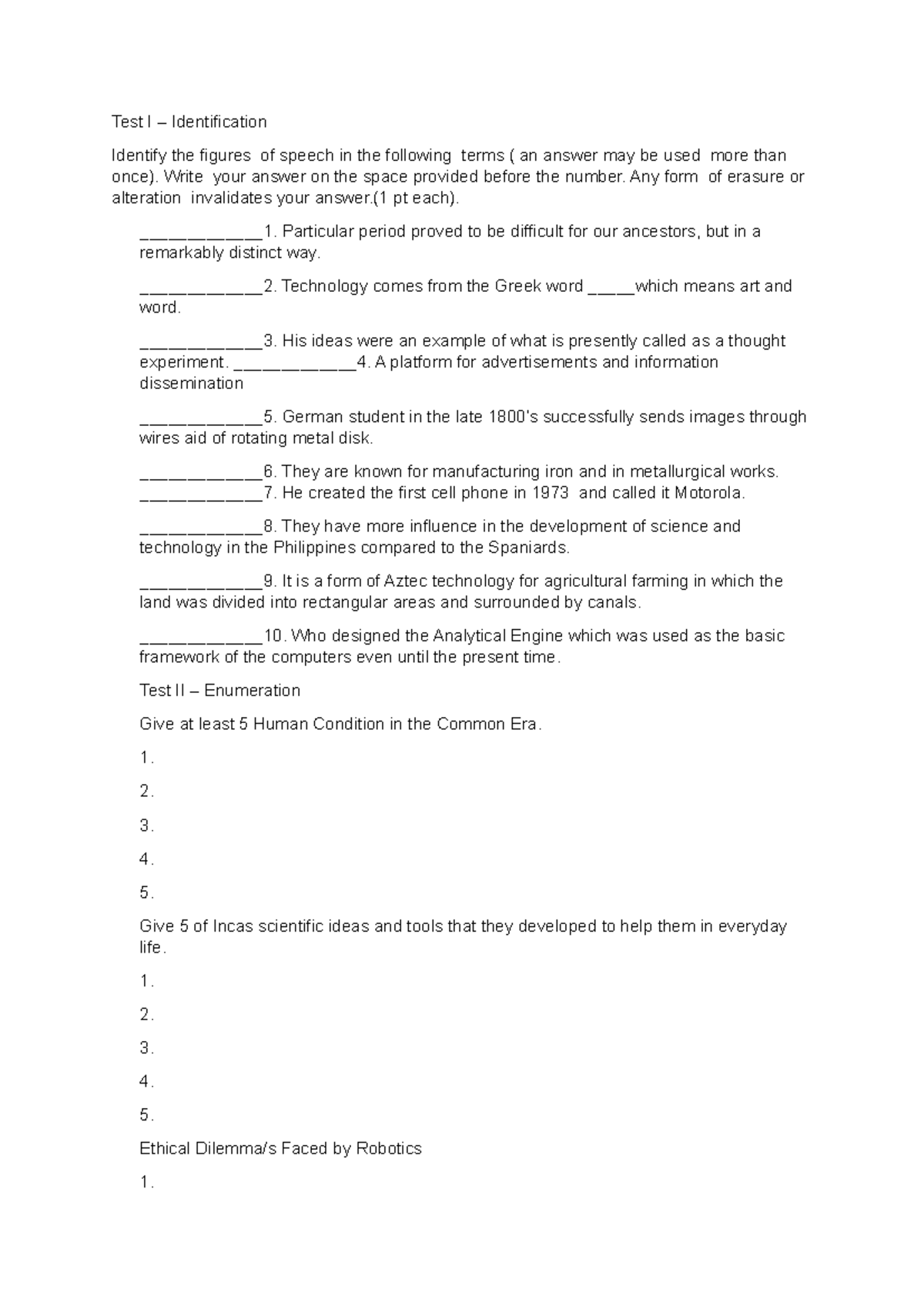 COF-EXAM - Test I – Identification Identify the figures of speech in ...
