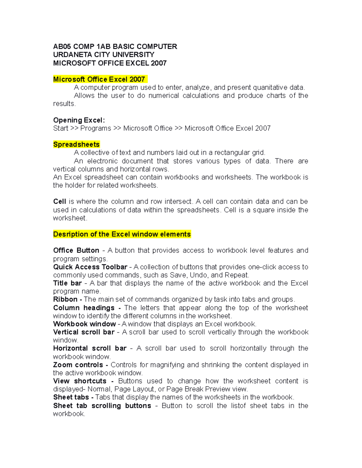 Microsoft Office Excel ( Basic Computer) - AB05 COMP 1AB BASIC COMPUTER ...
