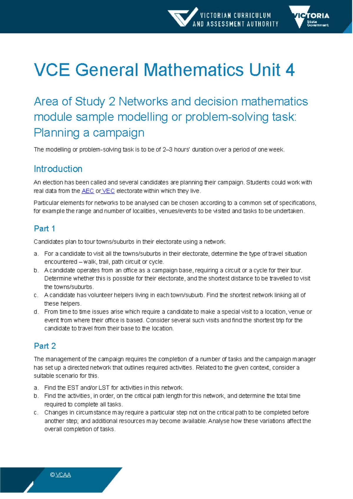 2023General Mathematics Unit 4Ao S2Sample Modelling Problem Solving Task Networks Planning ...
