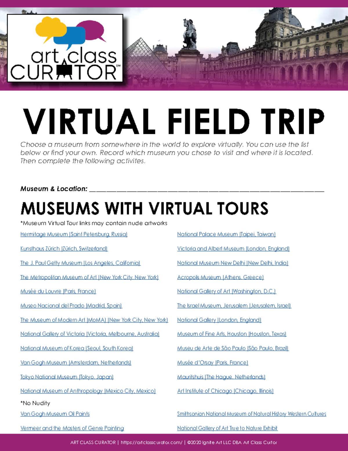 Virtual Museum Visit Guide- Art Class Curator - VIRTUAL FIELD TRIP ...
