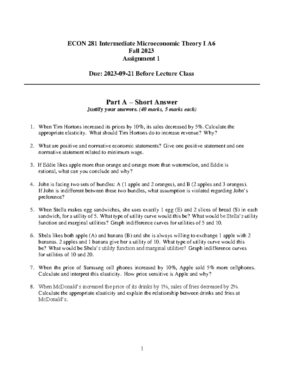ECON281 Assignment 1 - for midterm practice - 1 ECON 281 Intermediate Microeconomic Theory I A ...