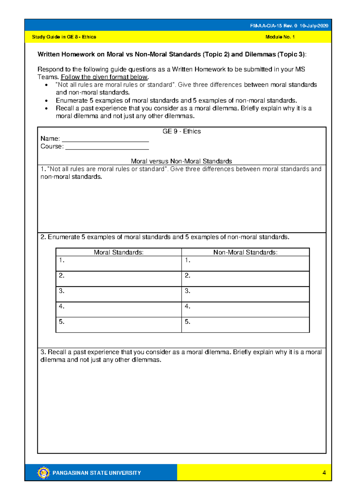 Activity 1 - Moral and non moral standards - 4 FM-AA-CIA- 15 Rev. 0 10 ...