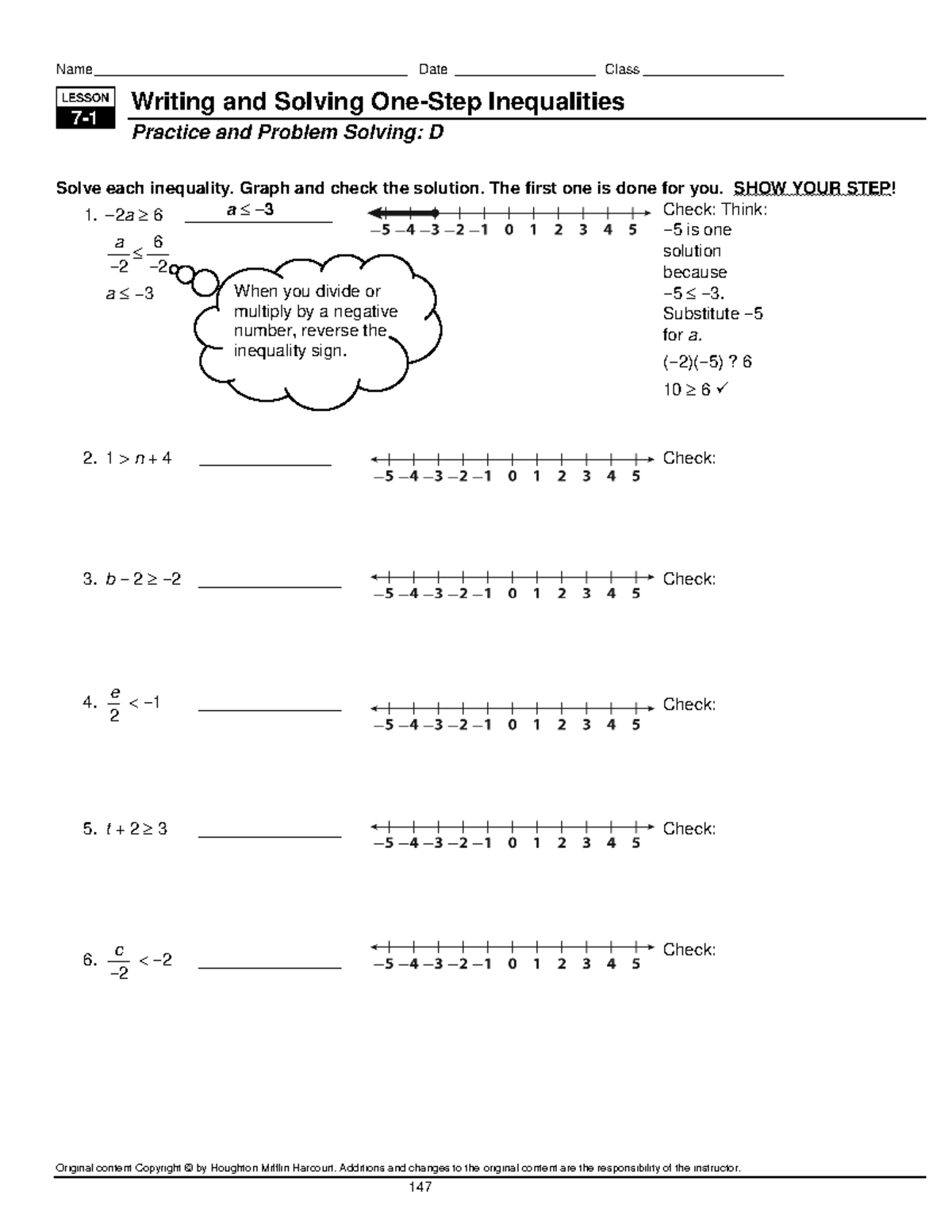 7.1 Writing and Solving One-Step Inequalities PPS D and AB - Name - Studocu