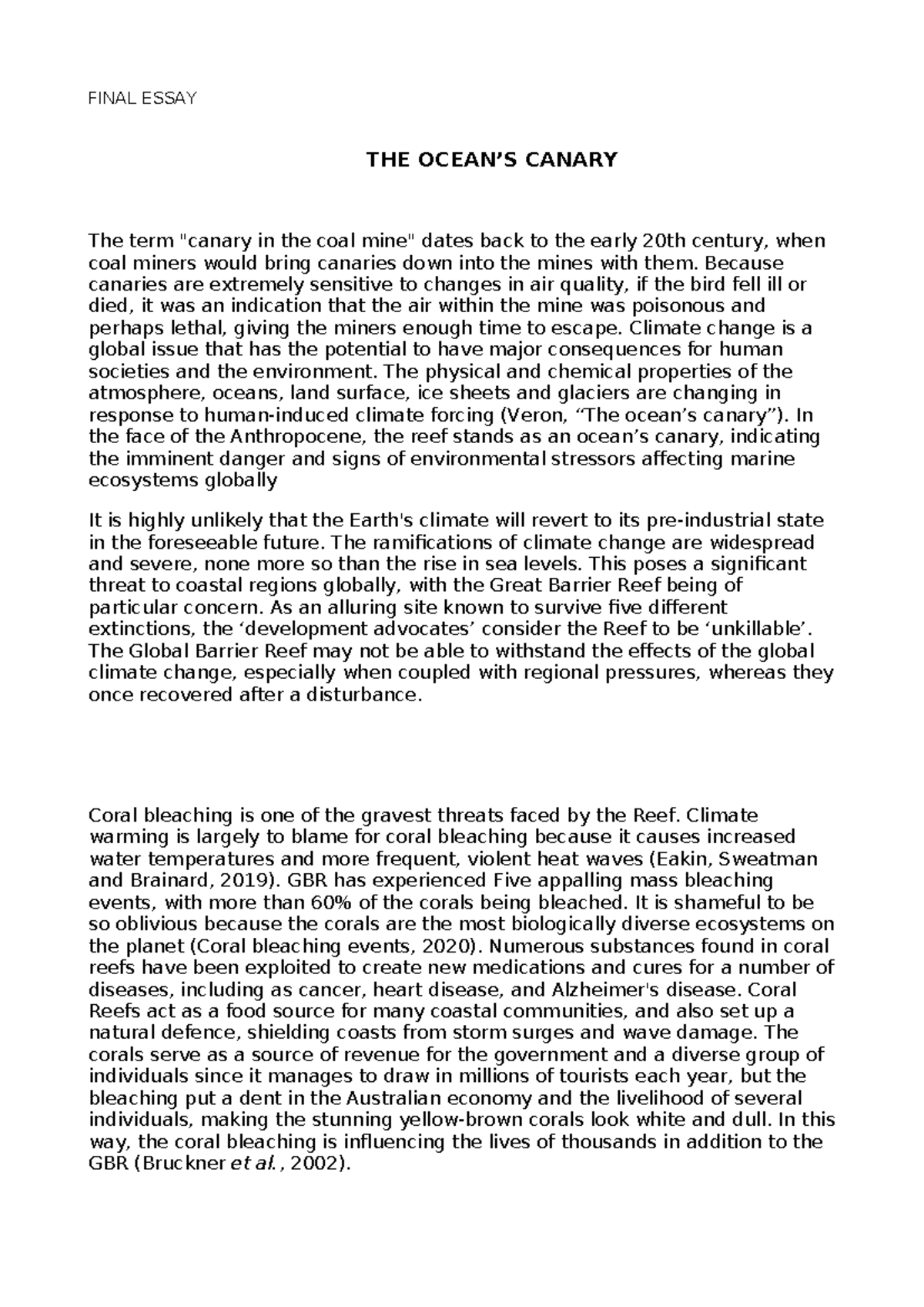 The ocean's canary - FINAL ESSAY THE OCEAN’S CANARY The term "canary in ...