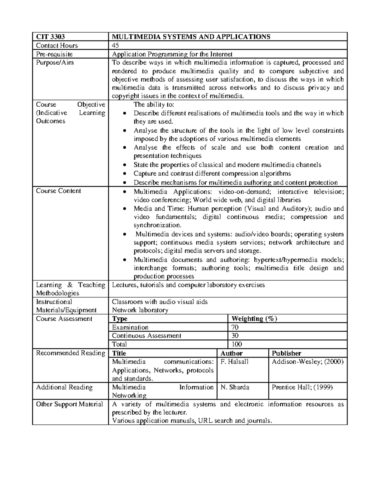 CIT 3303 Multimedia Systems & Applications Course Outline - CIT 3303 MULTIMEDIA SYSTEMS AND ...
