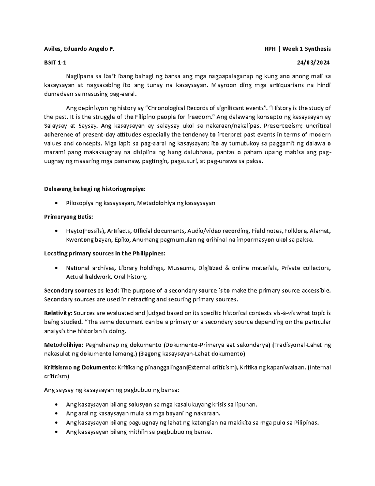 RPH Synthesis - Aviles, Eduardo Angelo F. RPH | Week 1 Synthesis BSIT 1 ...