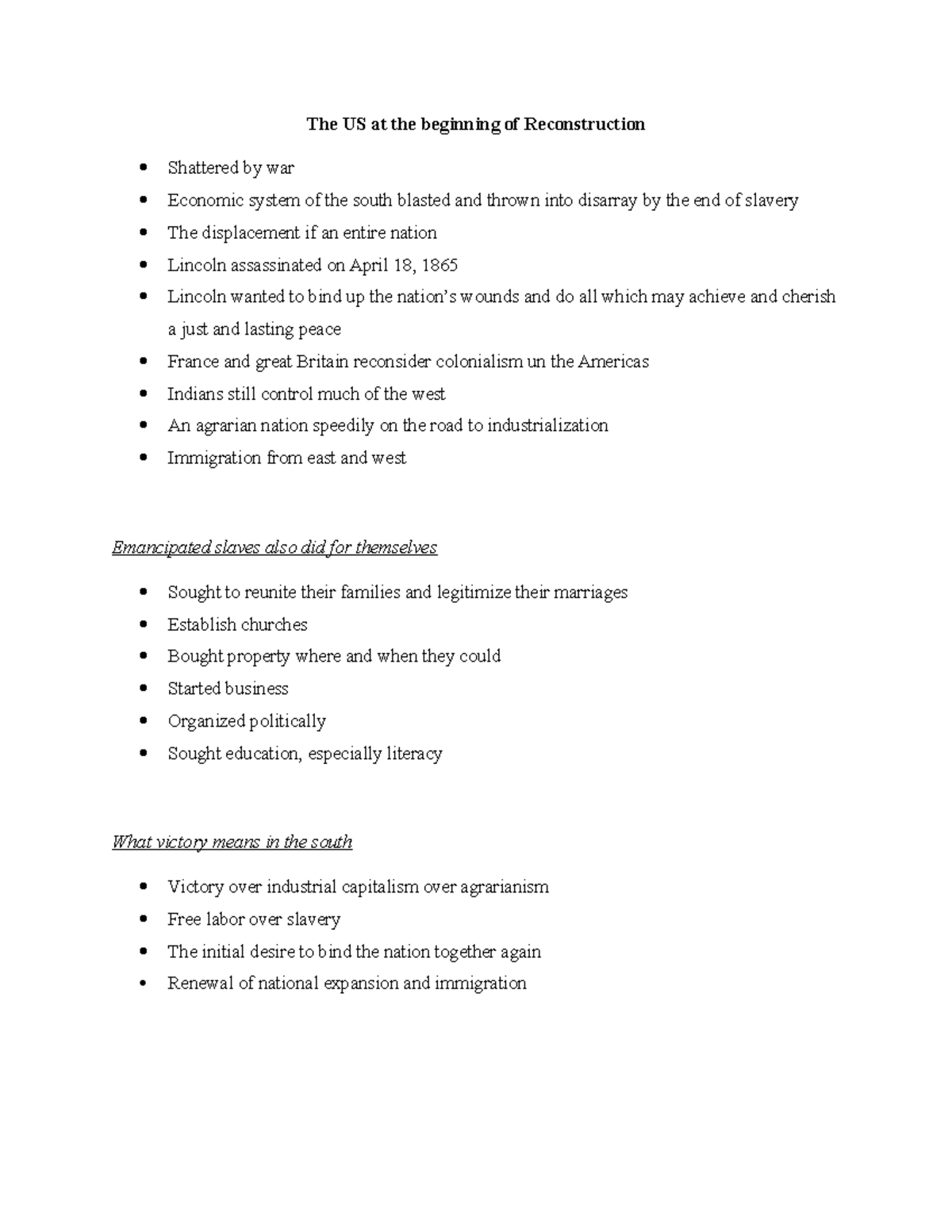 The US at the beginning of Reconstruction - Studocu