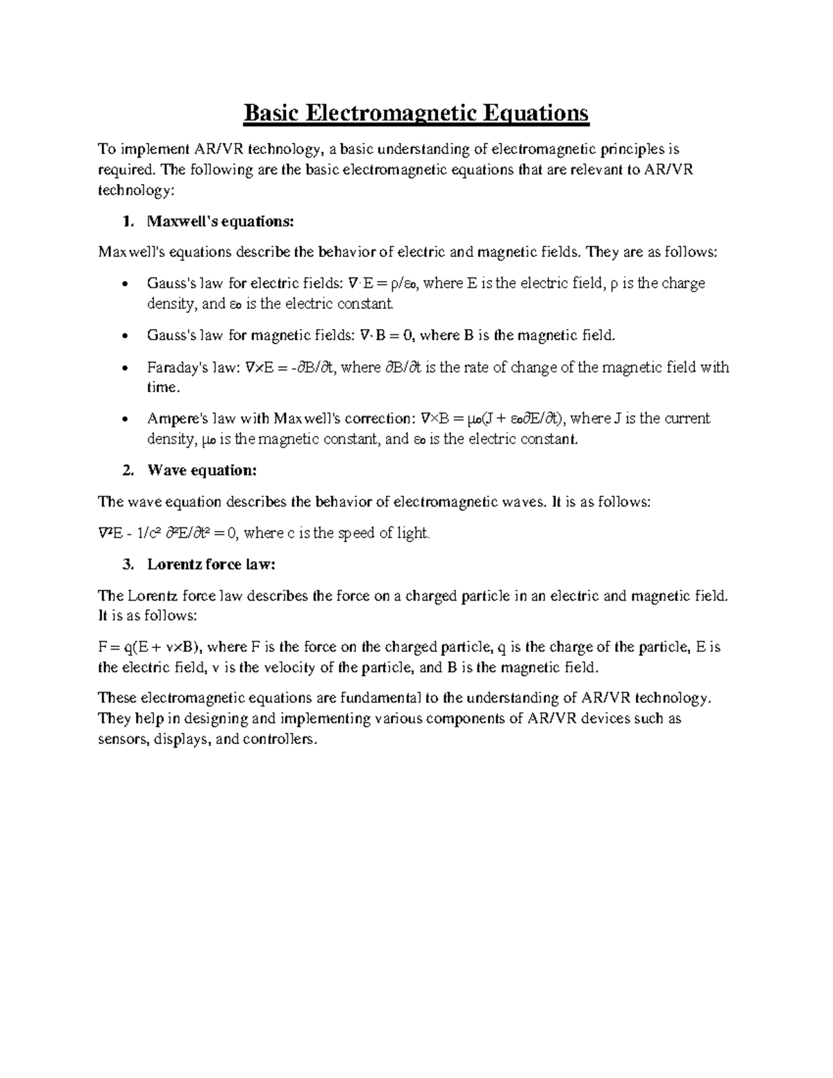 ARVR EM equations - Basic Electromagnetic Equations To implement AR/VR ...