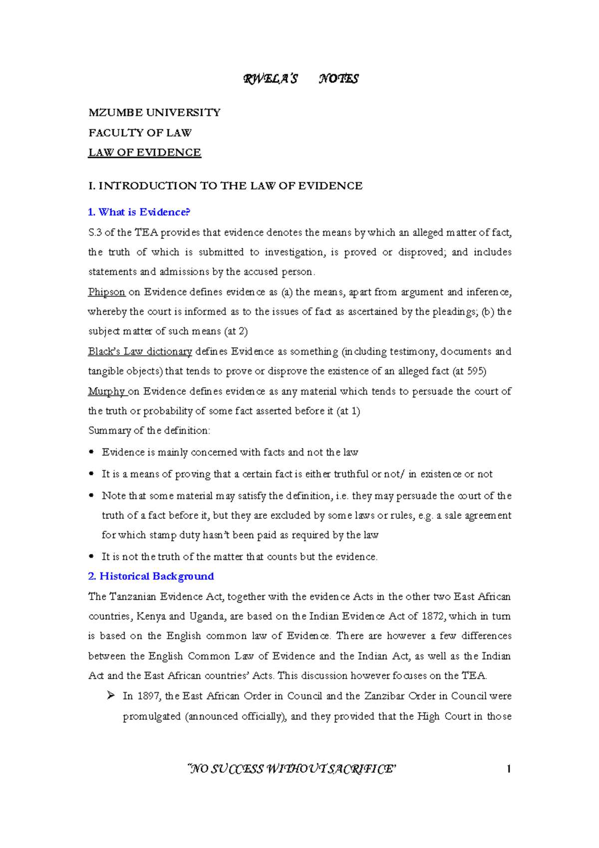 Evidence Notes Original - MZUMBE UNIVERSITY FACULTY OF LAW LAW OF ...