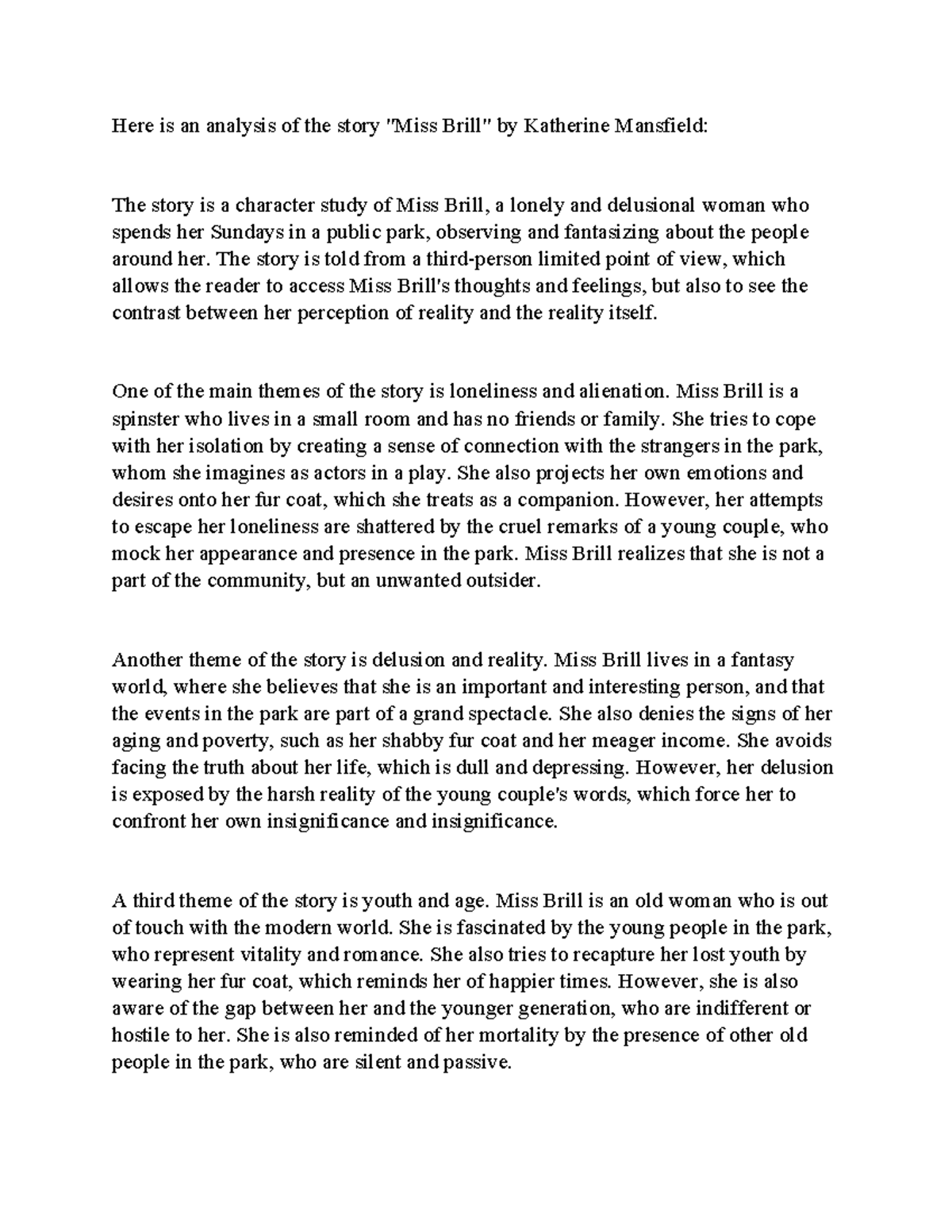 Miss Brill - Analysis - Here is an analysis of the story "Miss Brill ...