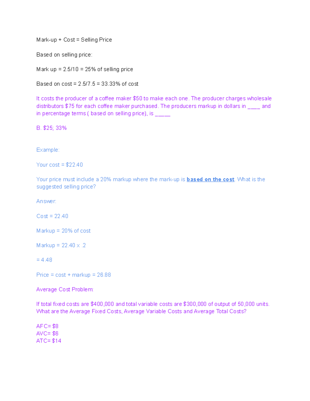 Marketing Math Problems - Mark-up + Cost = Selling Price Based on ...