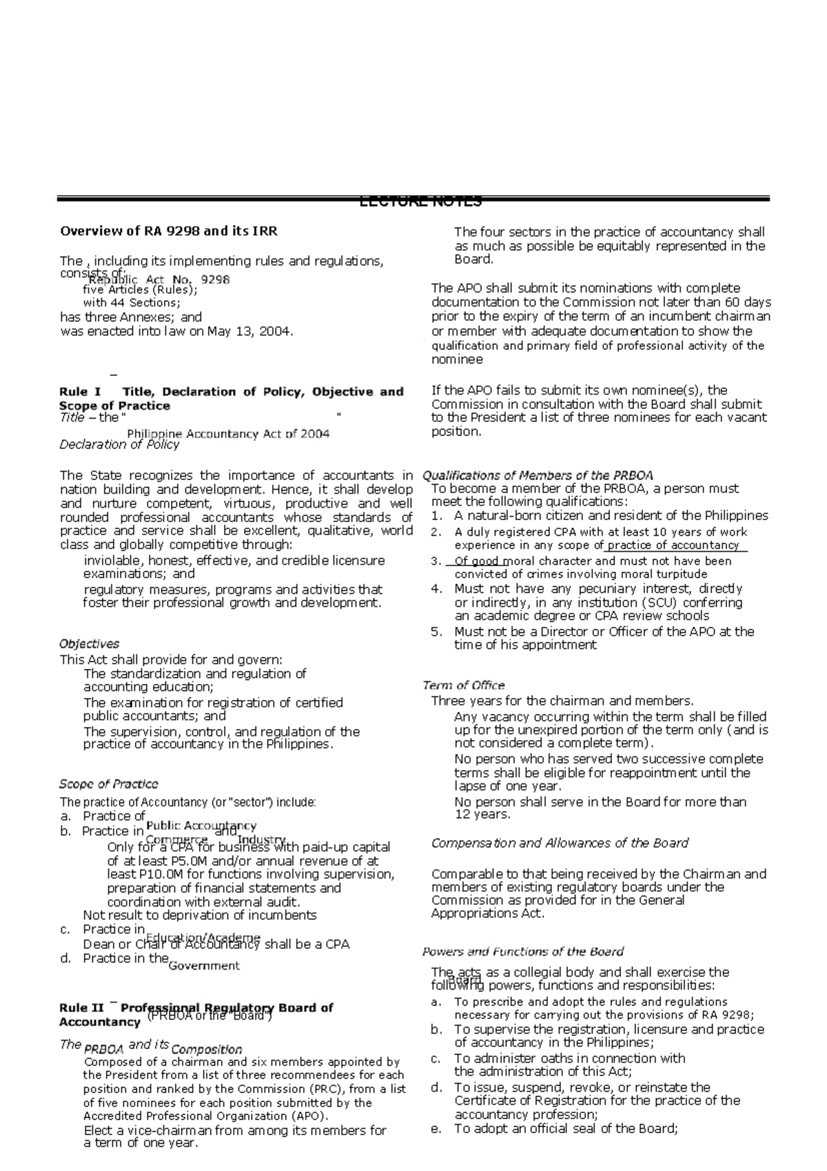 RA-9298 - LECTURE NOTES Overview of RA 9298 and its IRR The , including ...