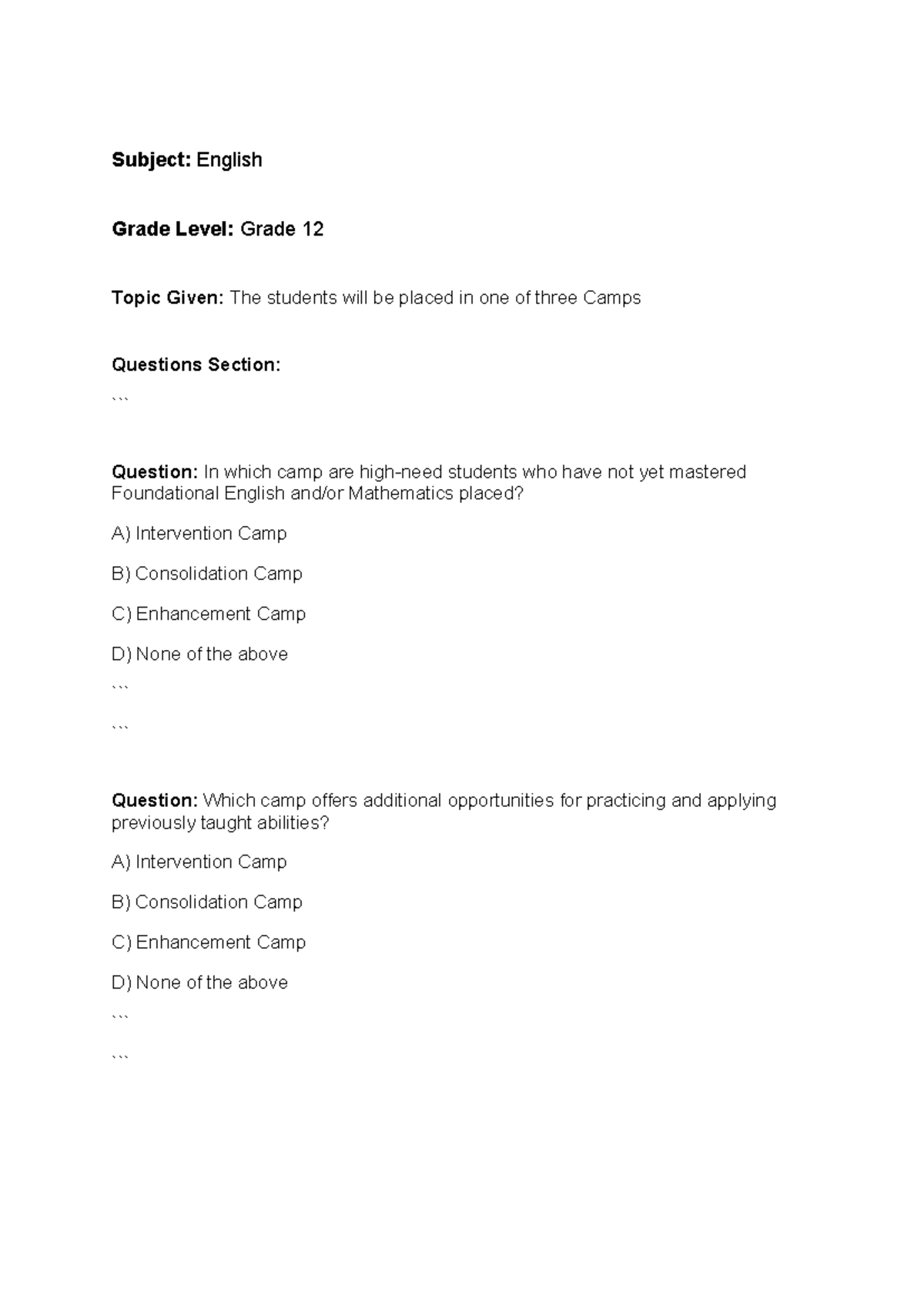 Quiz ed - TEST IN engLISH - Subject: English Grade Level: Grade 12 ...