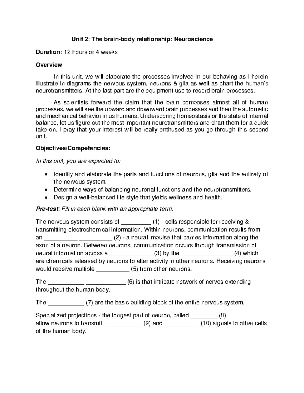 Unit 2 (The Brain Body Relationship, Neuroscience) - Unit 2: The brain ...