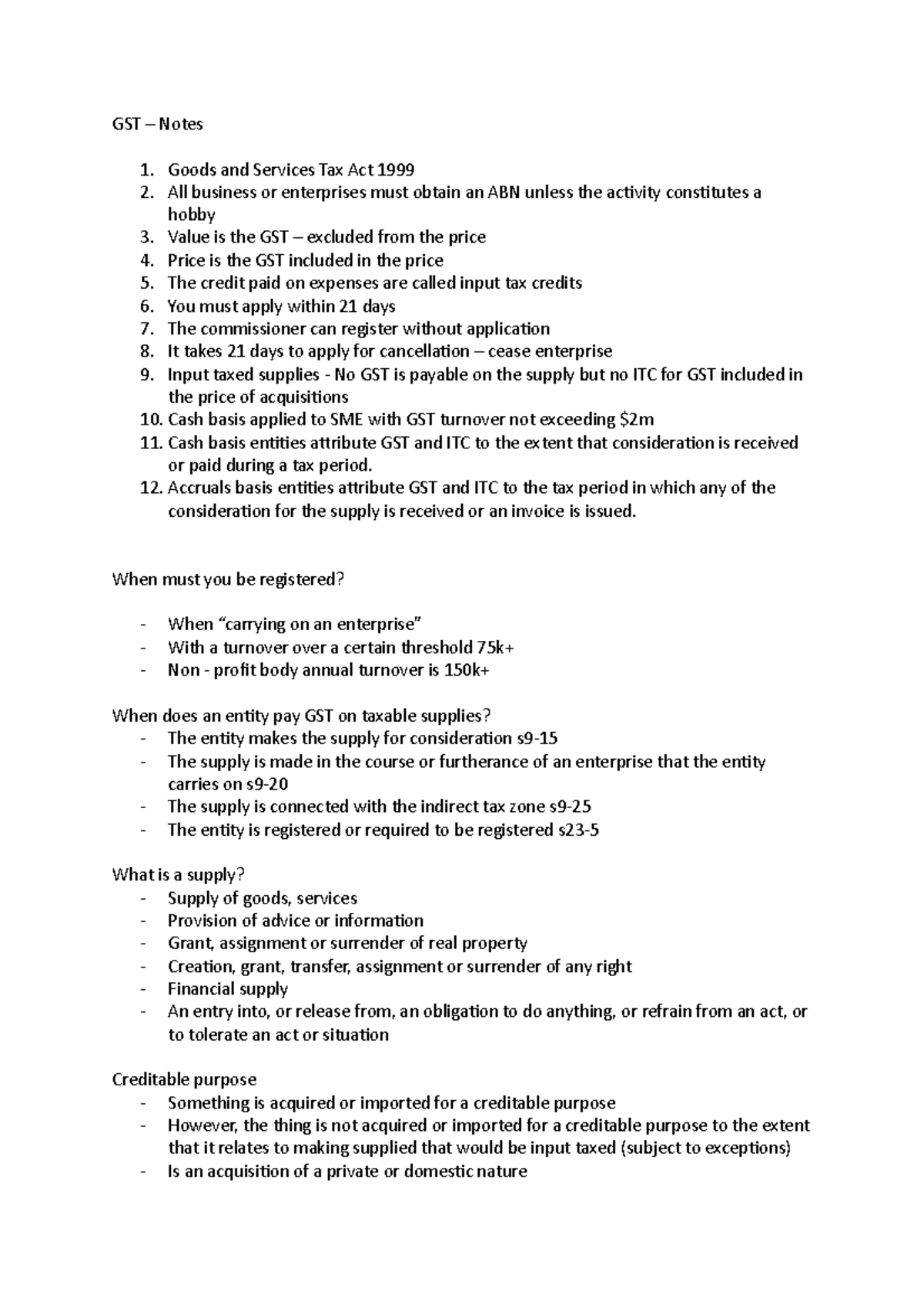 Week 11 GST - notes - GST Notes 1. Goods and Services Tax Act 2. All ...