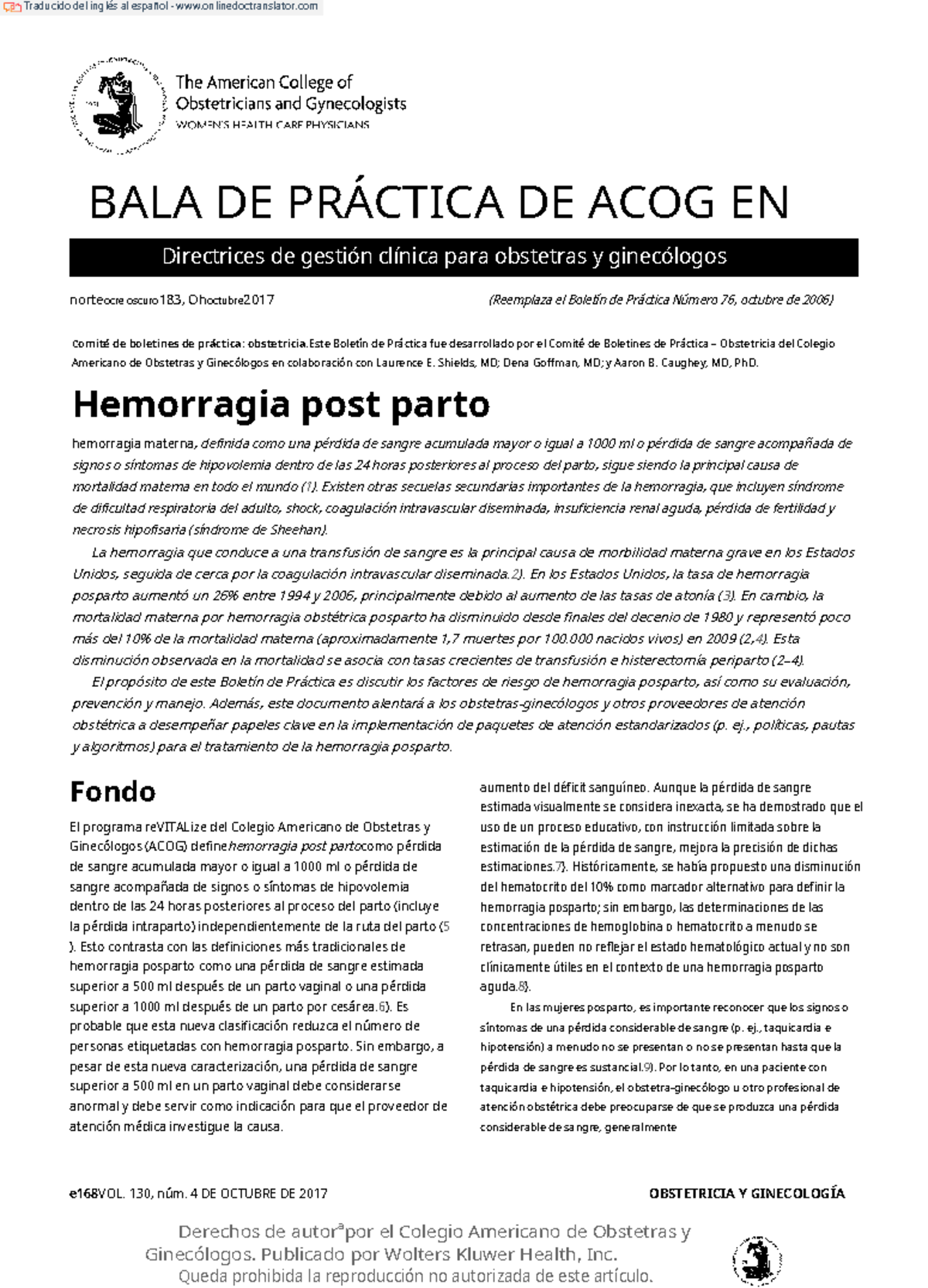 Hemorragia postparto - BALA DE PRÁCTICA DE ACOG EN ####### Directrices ...