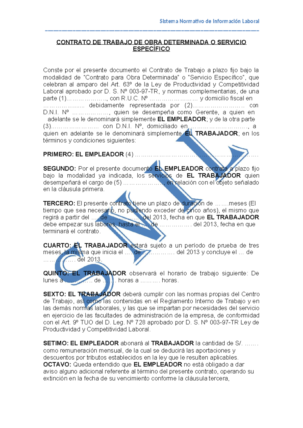 Contrato DE Trabajo DE OBRA Determidada - Sistema Normativo de Información Laboral CONTRATO DE ...