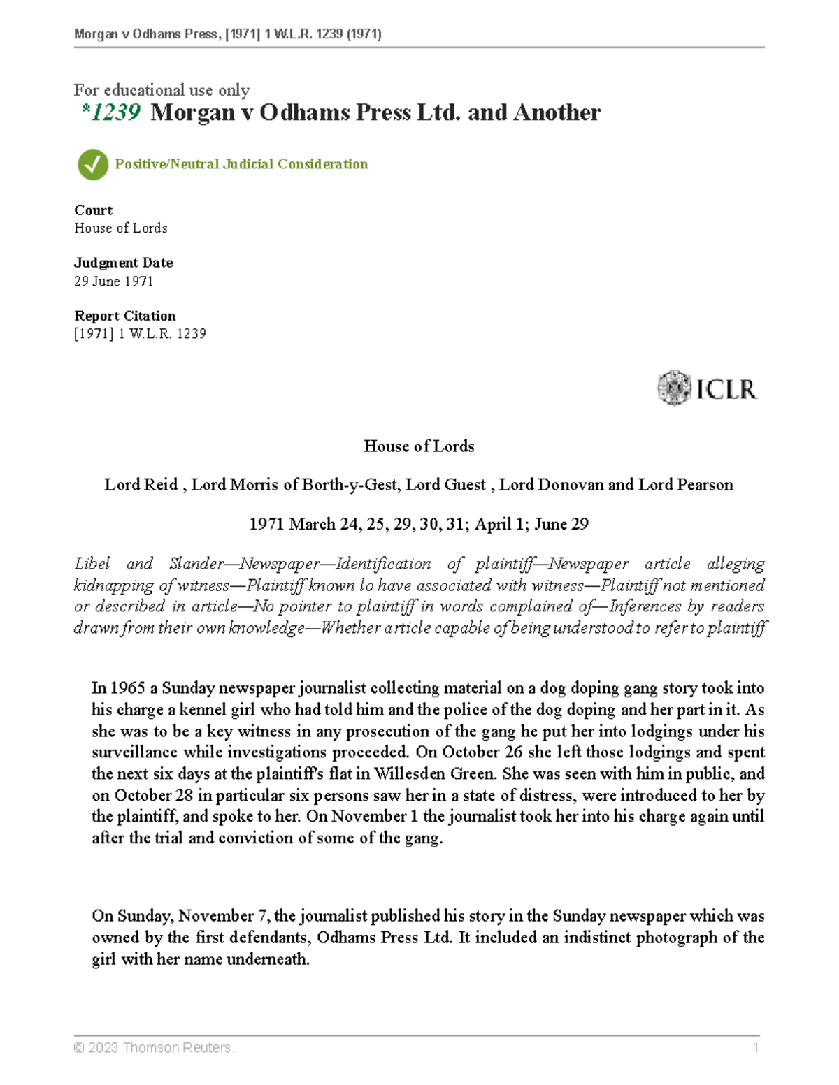 Morgan v Odhams Press - Moot material on defamation - For educational ...