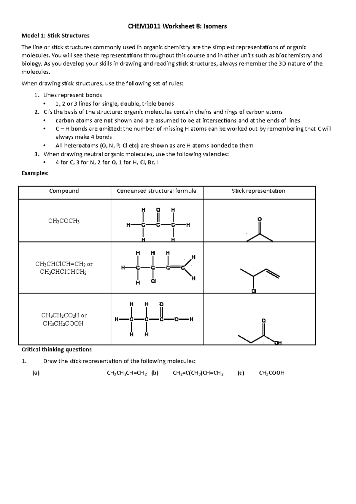 Tutorial 08 - CHEM1011 Worksheet 8: Isomers Model 1: Stick Structures ...