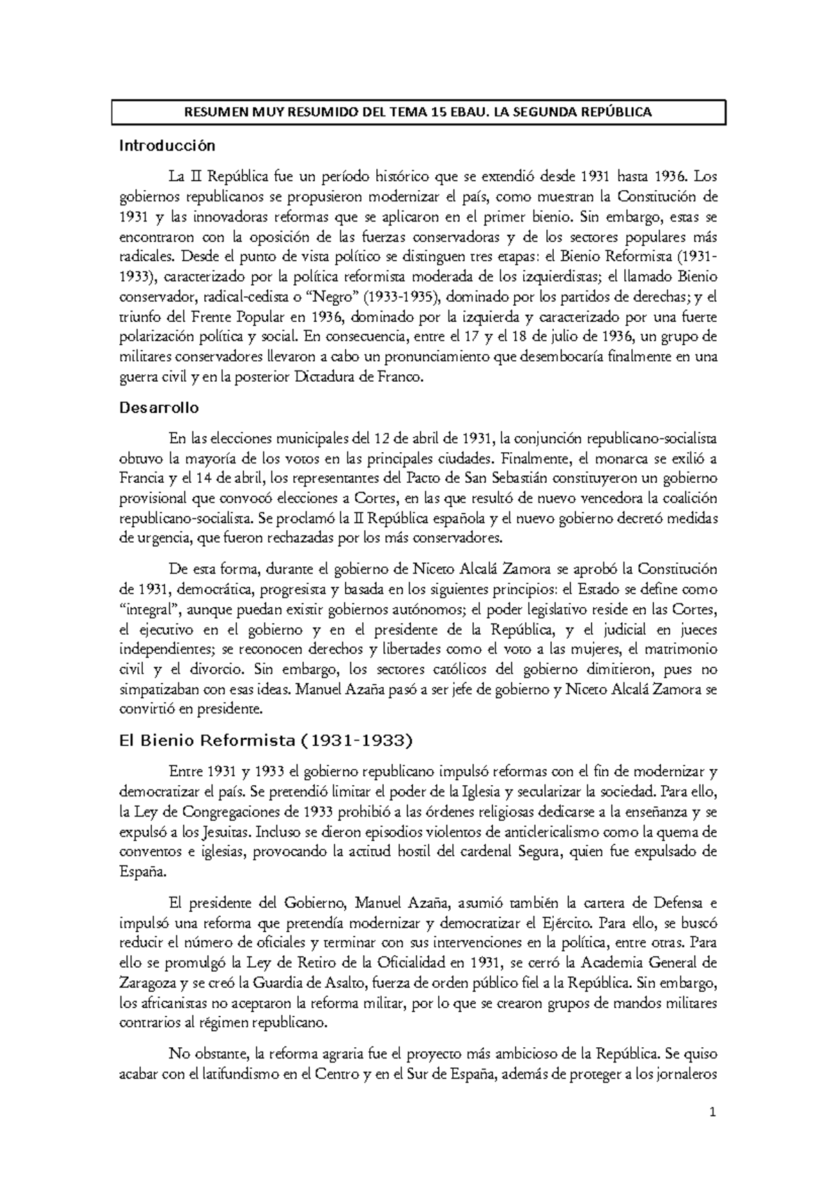 Resumen muy resumido La II República - Warning: TT: undefined function: 32 1 RESUMEN MUY ...