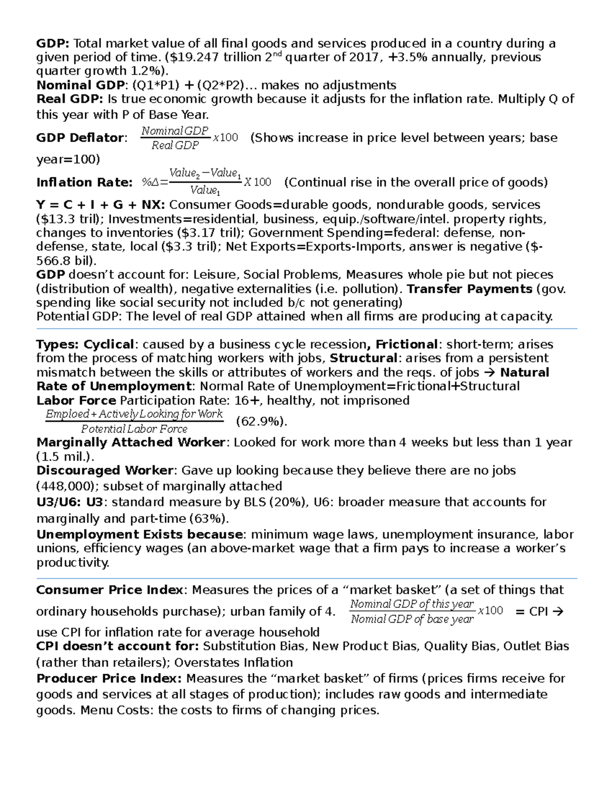 Midterm 1 Cheat Sheet - GDP: Total market value of all final goods and ...