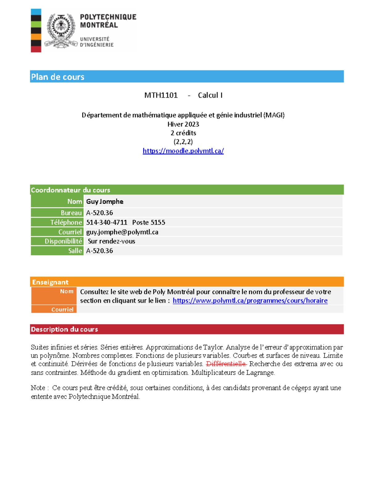 Plan de cours MTH1101 H23 - Plan de cours MTH1101 - Calcul I ...