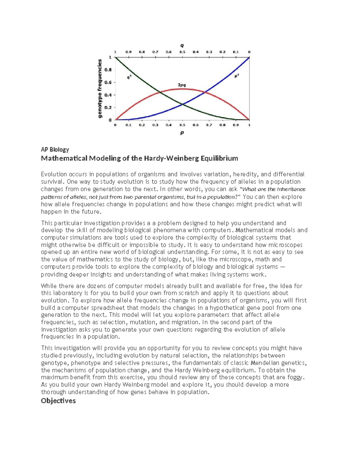 Hardy weinberg modeling lab - AP Biology Mathematical Modeling of the ...